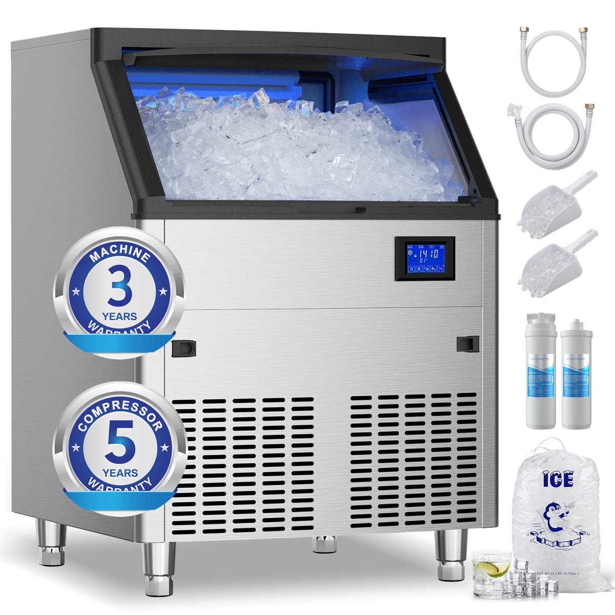 Coolake Commercial Ice Maker Machine 450lbs/24h With 130lbs Storage, Stainless Steel Under ...